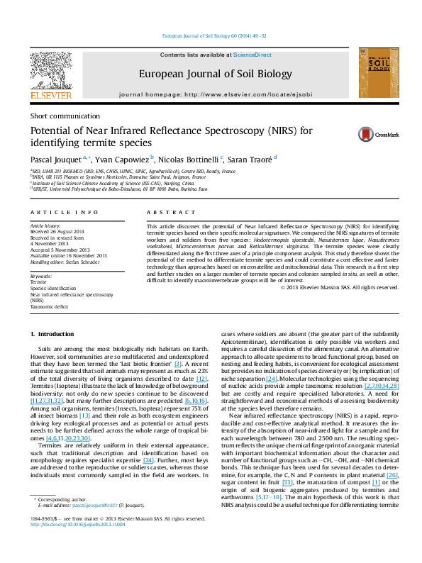 (PDF) Potential of Near Infrared Reflectance Spectroscopy (NIRS) for identifying termite species