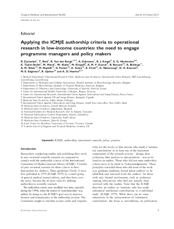 (PDF) Applying the ICMJE authorship criteria to operational research in ...