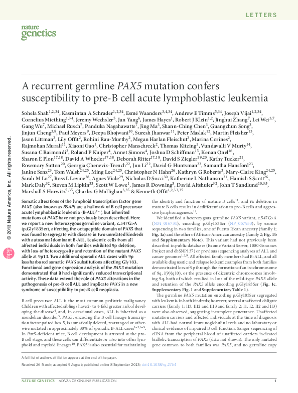 (PDF) A recurrent germline PAX5 mutation confers susceptibility to pre ...