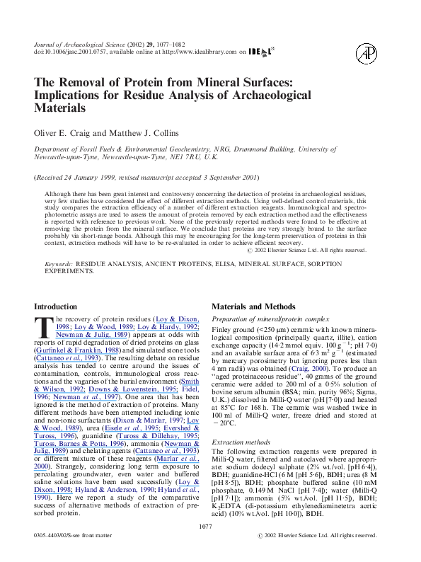 (PDF) The Removal of Protein From Mineral Surfaces: Implications for Residue Analysis of ...