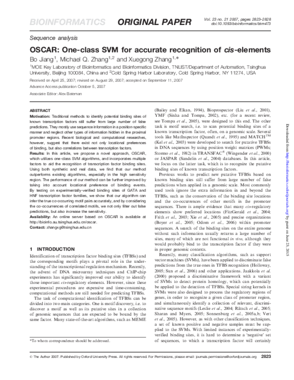 (PDF) OSCAR: One-class SVM for accurate recognition of cis-elements