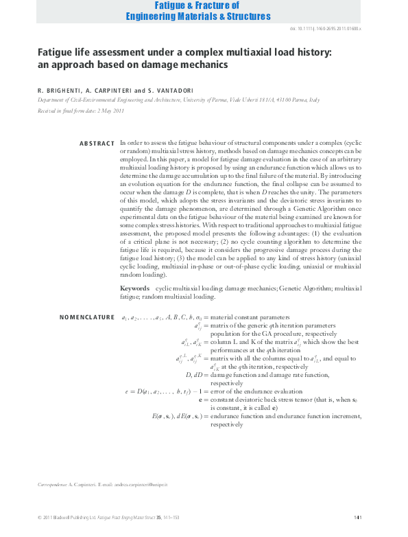 (PDF) Fatigue life assessment under a complex multiaxial load history ...