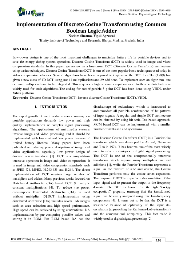 Implementation Of Discrete Cosine Transform Using Common Boolean Logic Adder