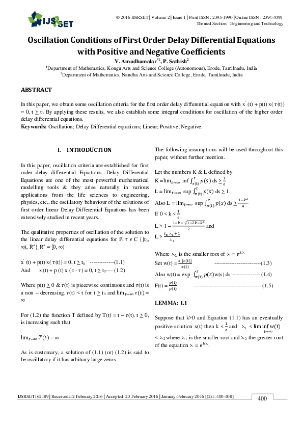 (PDF) Oscillation Conditions of First Order Delay Differential Equations with Positive and ...