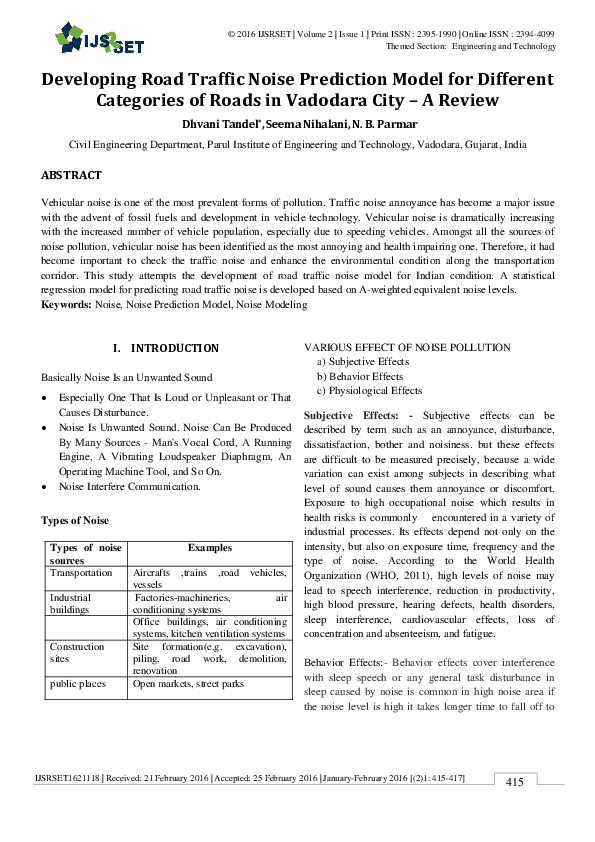 (PDF) Developing Road Traffic Noise Prediction Model for Different Categories of Roads in ...