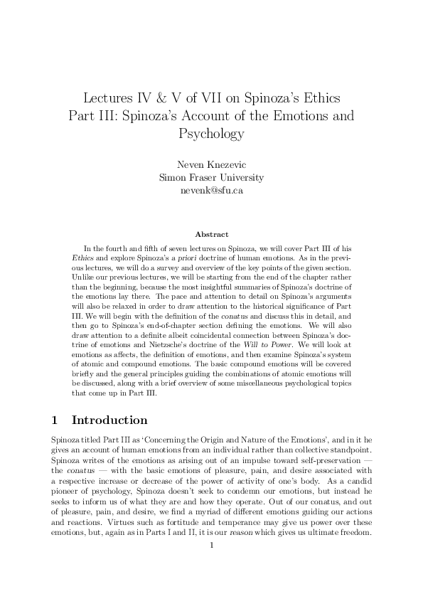 (PDF) Lectures IV & V of VII on Spinoza's Ethics Part III: Spinoza's Account of the Emotions and ...