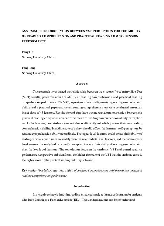 Pdf Assessing The Correlation Between Vst Perception For The Ability Of Reading Comprehension