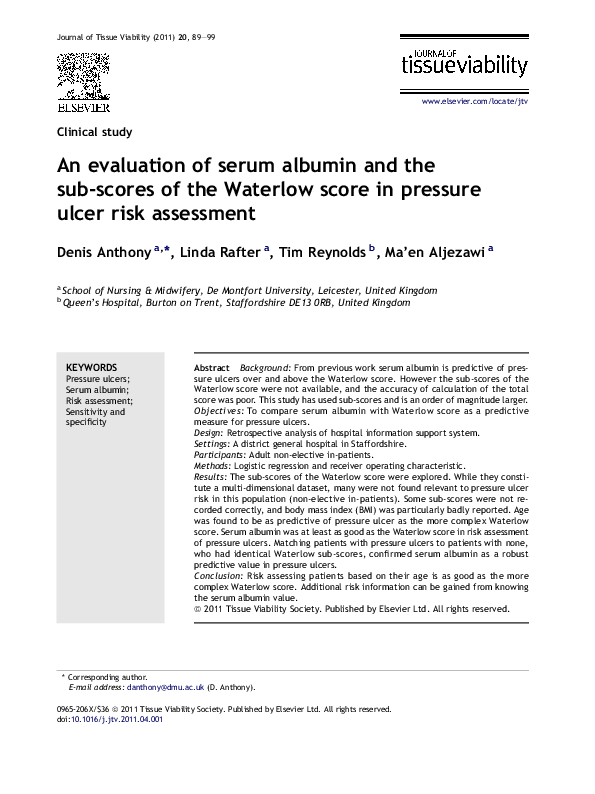 (PDF) An evaluation of serum albumin and the sub-scores of the Waterlow ...