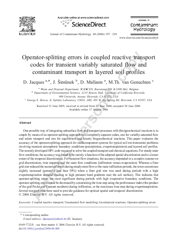 Pdf Operator Splitting Errors In Coupled Reactive Transport Codes For Transient Variably