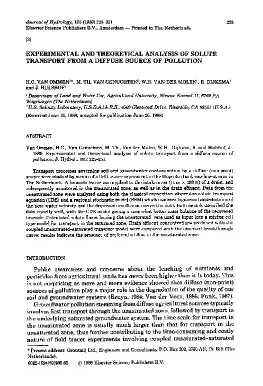Pdf Experimental And Theoretical Analysis Of Solute Transport From A Diffuse Source Of Pollution