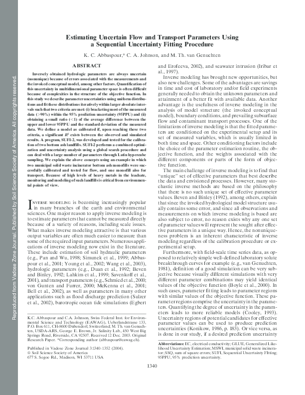 (PDF) Estimating Uncertain Flow and Transport Parameters Using a Sequential Uncertainty Fitting ...