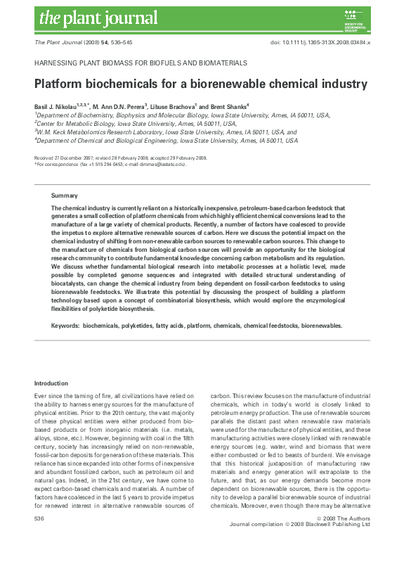 (PDF) Platform biochemicals for a biorenewable chemical industry