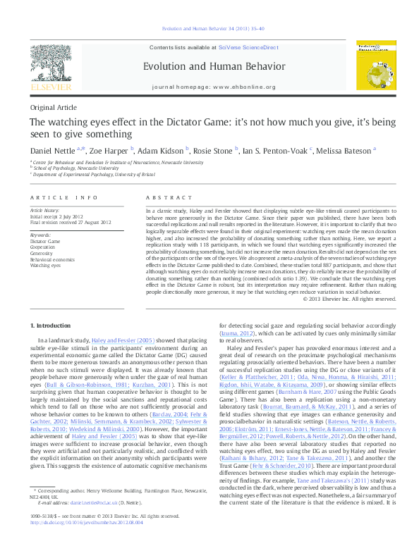 (PDF) The watching eyes effect in the Dictator Game: it's not how much ...
