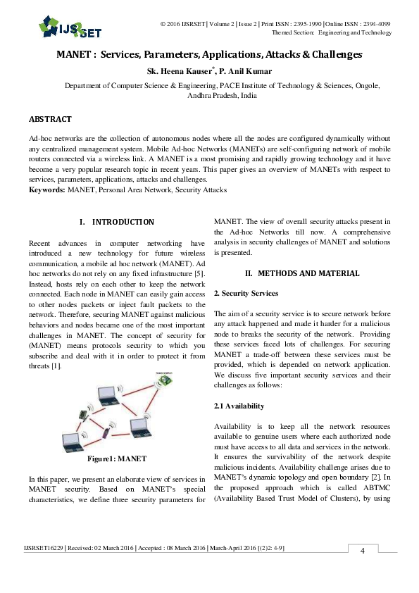 (PDF) MANET - Services, Parameters, Applications, Attacks & Challenges