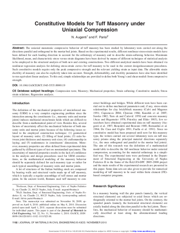 (PDF) Constitutive Models for Tuff Masonry under Uniaxial Compression