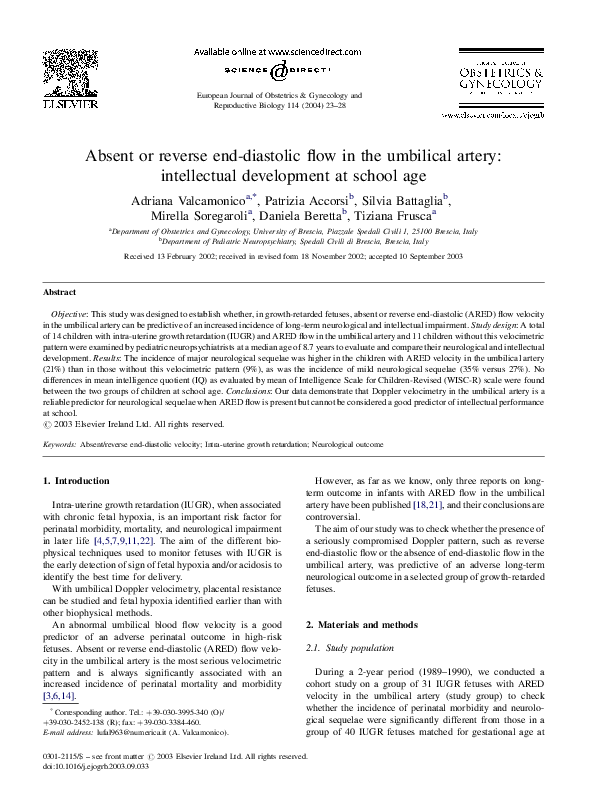 (PDF) Absent or reverse end-diastolic flow in the umbilical artery ...