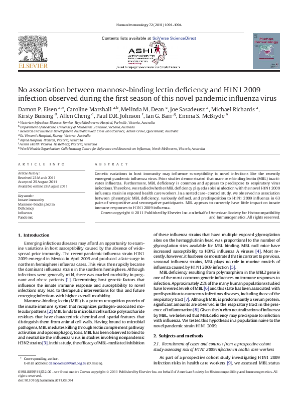 Pdf No Association Between Mannose Binding Lectin Deficiency And H1n1 2009 Infection Observed