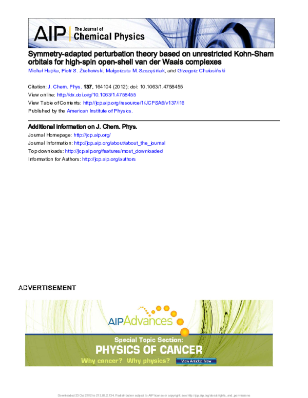 (PDF) Symmetry-adapted perturbation theory based on unrestricted Kohn-Sham orbitals for high ...