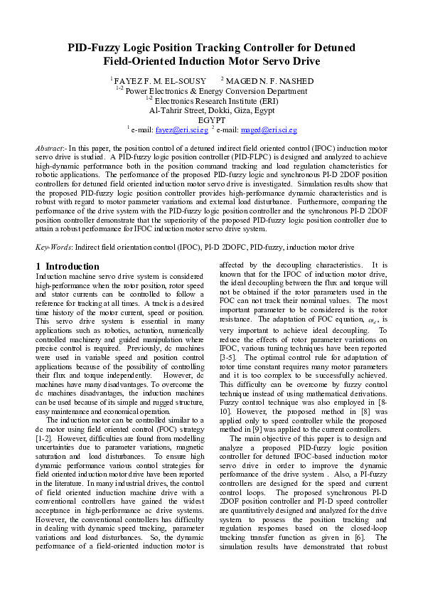(PDF) PID-Fuzzy Logic Position Tracking Controller for Detuned Field-Oriented Induction Motor ...