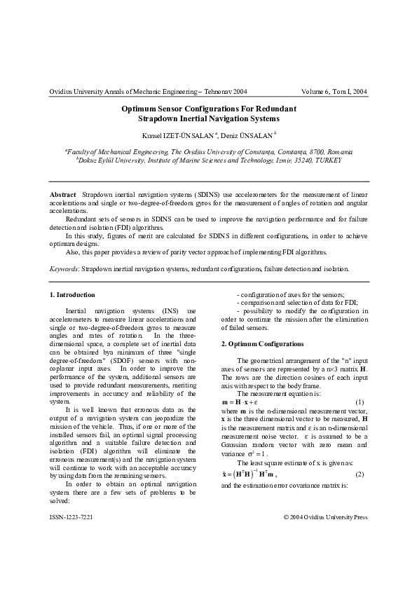 (PDF) Optimum Sensor Configurations For Redundant Strapdown Inertial Navigation Systems