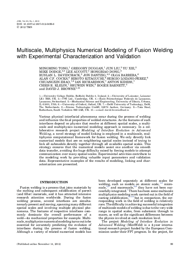 (PDF) Multiscale, Multiphysics Numerical Modeling of Fusion Welding with Experimental ...