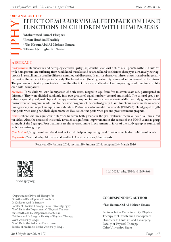 (PDF) EFFECT OF MIRROR VISUAL FEEDBACK ON HAND FUNCTIONS IN CHILDREN ...