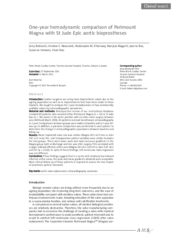 (PDF) One-year hemodynamic comparison of Perimount Magna with St Jude ...