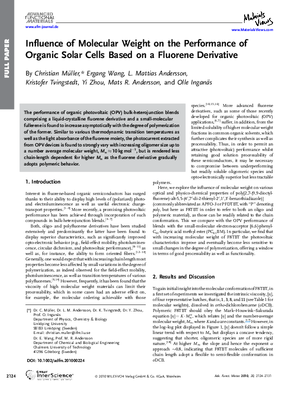 (PDF) Influence of Molecular Weight on the Performance of Organic Solar Cells Based on a ...