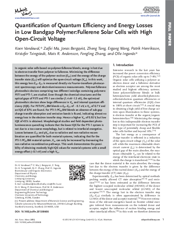 (PDF) Quantification of Quantum Efficiency and Energy Losses in Low Bandgap Polymer:Fullerene ...