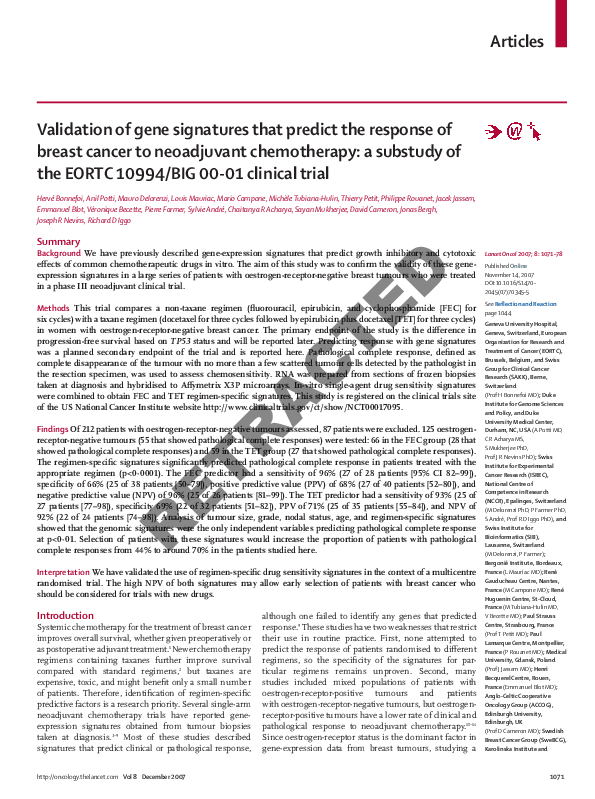 (PDF) RETRACTED: Validation of gene signatures that predict the ...