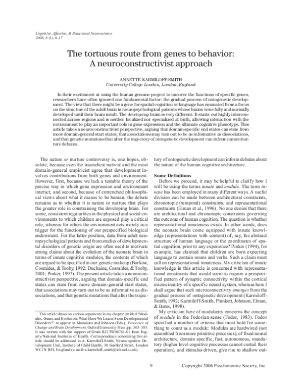 (PDF) The tortuous route from genes to behavior: A neuroconstructivist ...