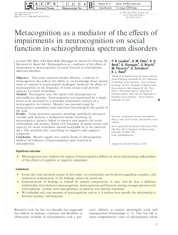 (PDF) Metacognition as a mediator of the effects of impairments in neurocognition on social ...