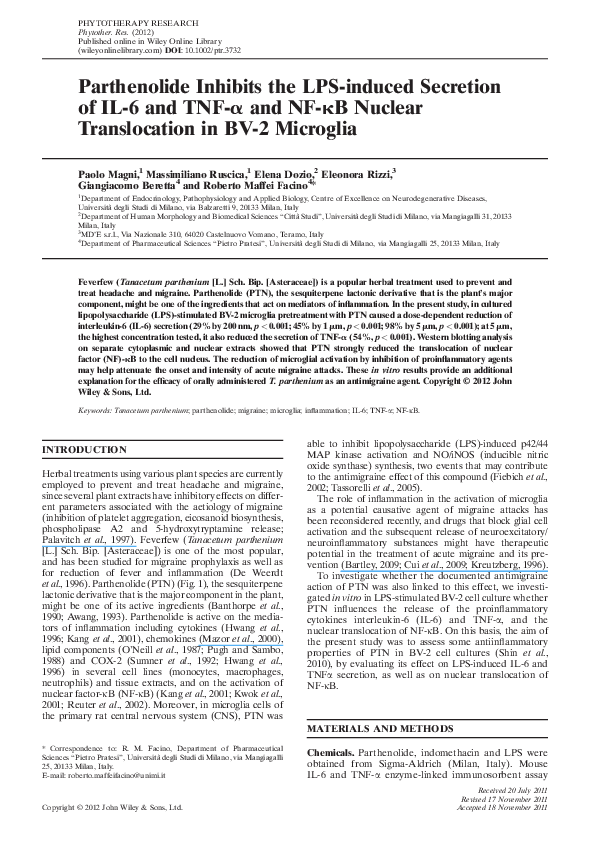(PDF) Parthenolide Inhibits the LPS-induced Secretion of IL-6 and TNF-α ...