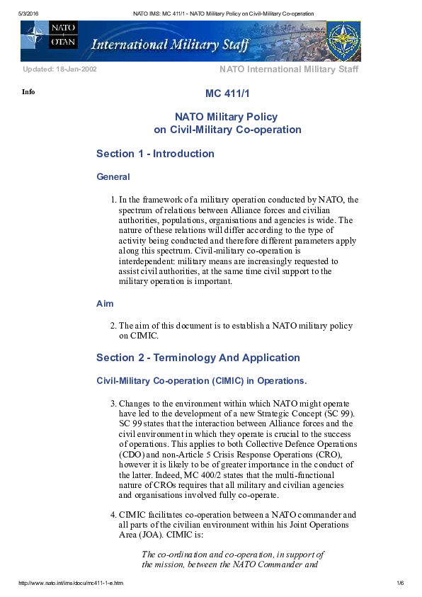 (PDF) NATO IMS MC 411 1 NATO Military Policy on Civil Military Co operation