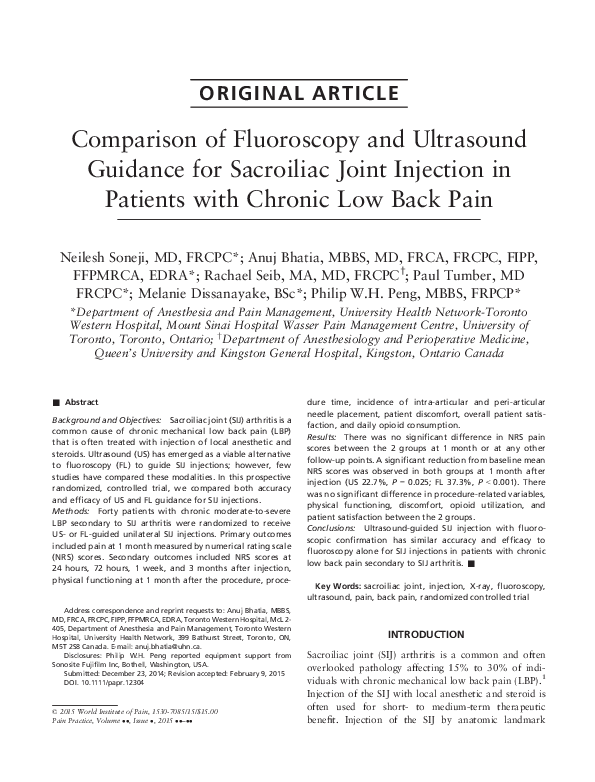 Comparison of Fluoroscopy and Ultrasound Guidance for Sacroiliac Joint ...