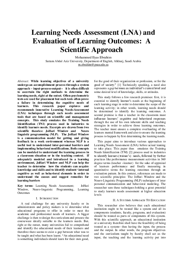 Learning Needs Assessment (LNA) and Evaluation of Learning Outcomes: A Scientific Approach