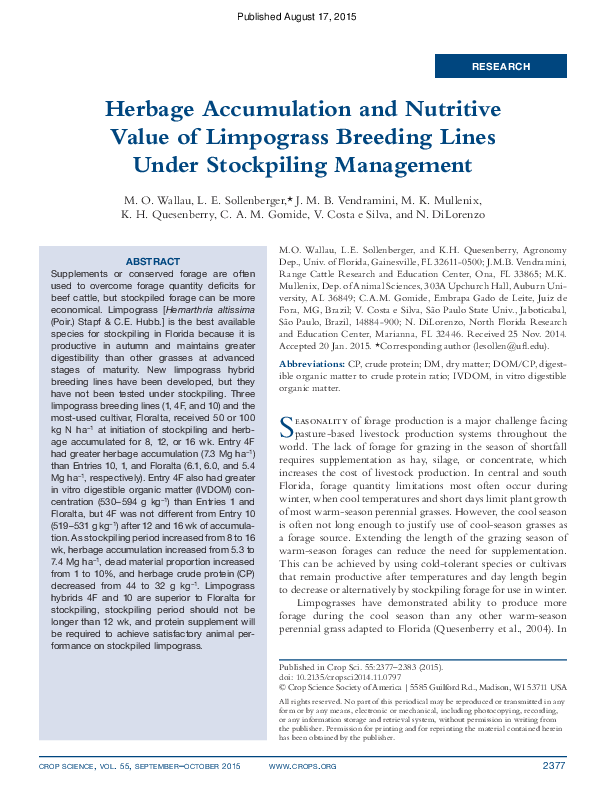 (PDF) Wallau et al 2015 Crop Sci Herbage accumulation and nutritive ...