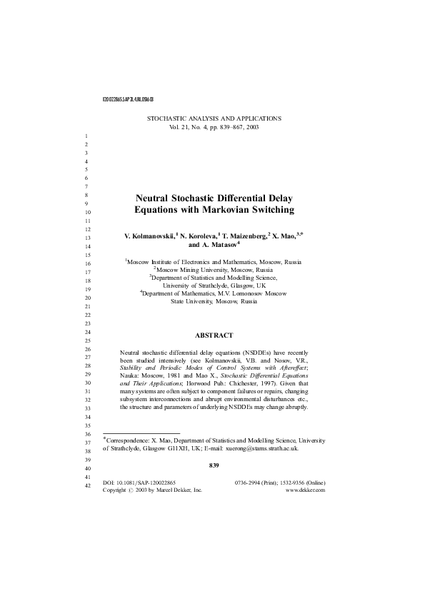 (PDF) Neutral Stochastic Differential Delay Equations with Markovian Switching