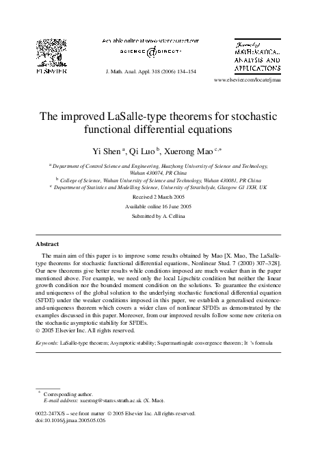 Pdf The Improved Lasalle Type Theorems For Stochastic Differential Delay Equations