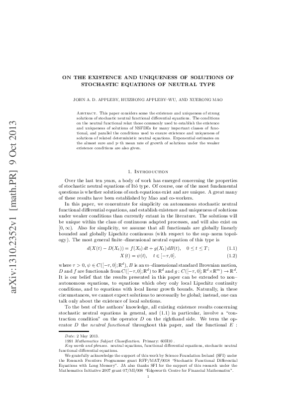 Pdf On The Existence And Uniqueness Of Solutions Of Stochastic Equations Of Neutral Type