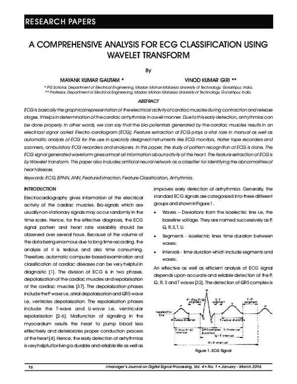 Pdf A Comprehensive Analysis For Ecg Classification Using Wavelet Transform