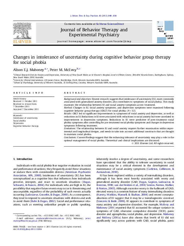 (PDF) Changes in intolerance of uncertainty during cognitive behavior group therapy for social ...