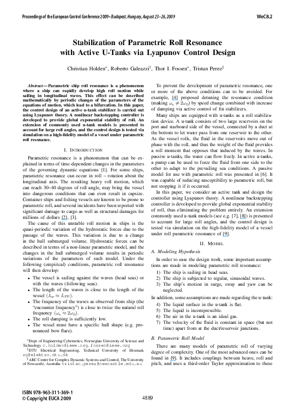 (PDF) Stabilization of parametric roll resonance with active u-tanks ...
