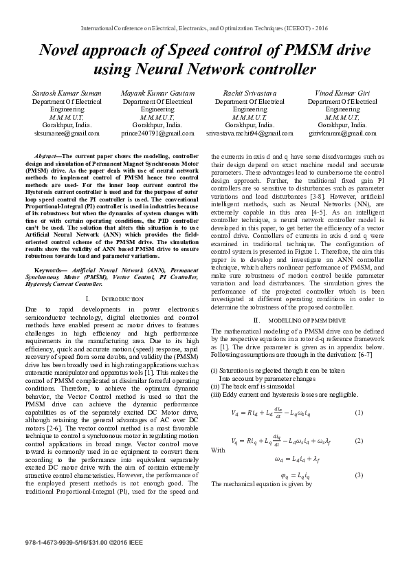 (PDF) Novel approach of Speed control of PMSM drive using Neural Network controller