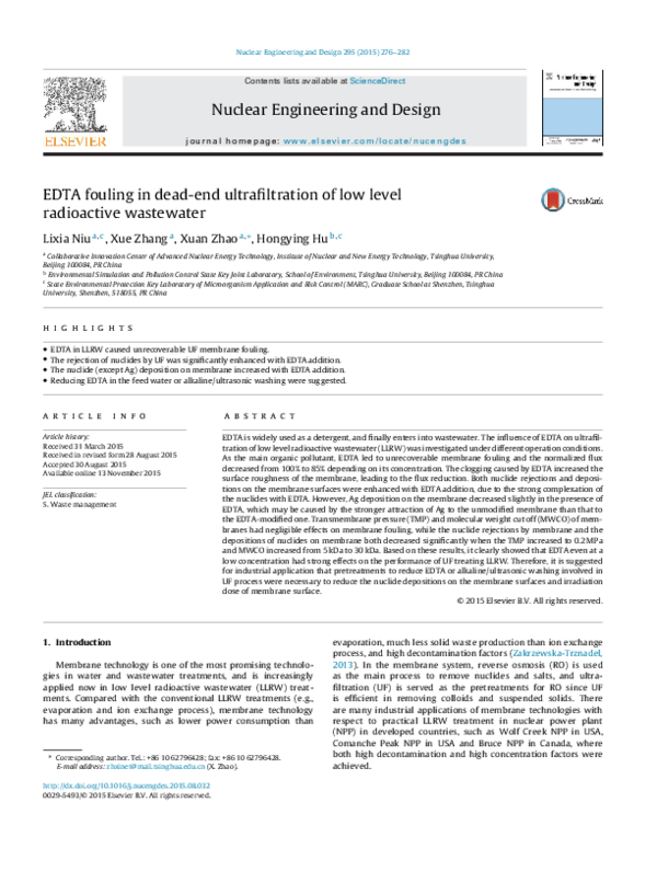 EDTA fouling in dead-end ultrafiltration of low level radioactive ...