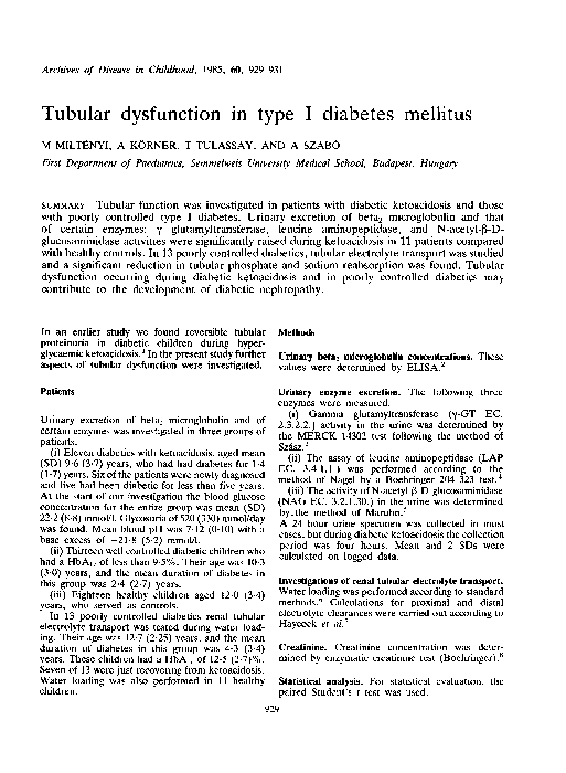 (PDF) Tubular dysfunction in type I diabetes mellitus