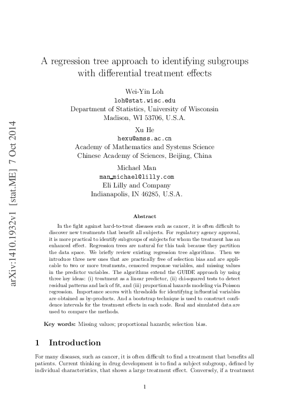 Pdf A Regression Tree Approach To Identifying Subgroups With Differential Treatment Effects