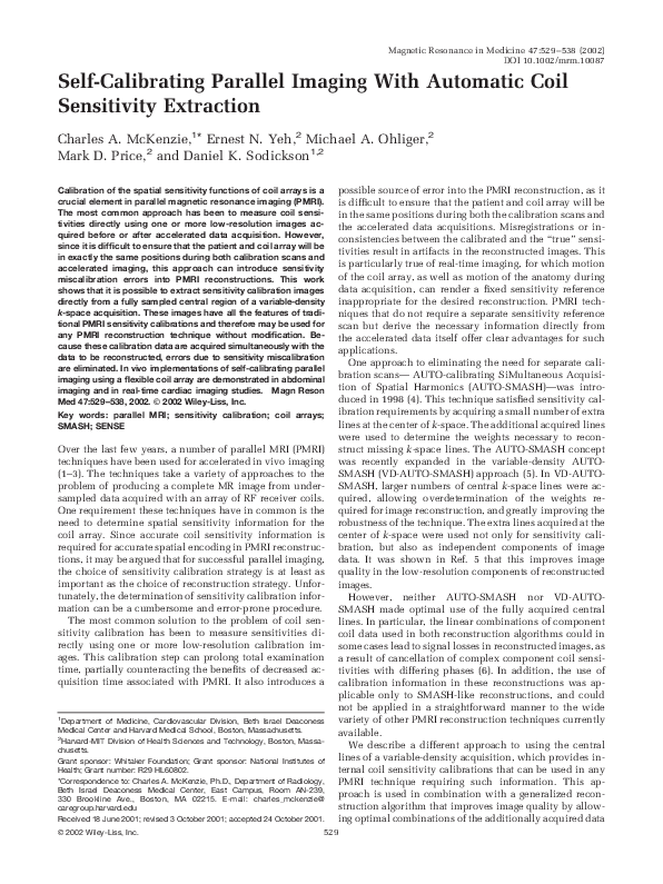 Pdf Self Calibrating Parallel Imaging With Automatic Coil Sensitivity Extraction