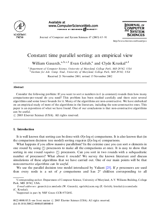 (PDF) Constant time parallel sorting: an empirical view