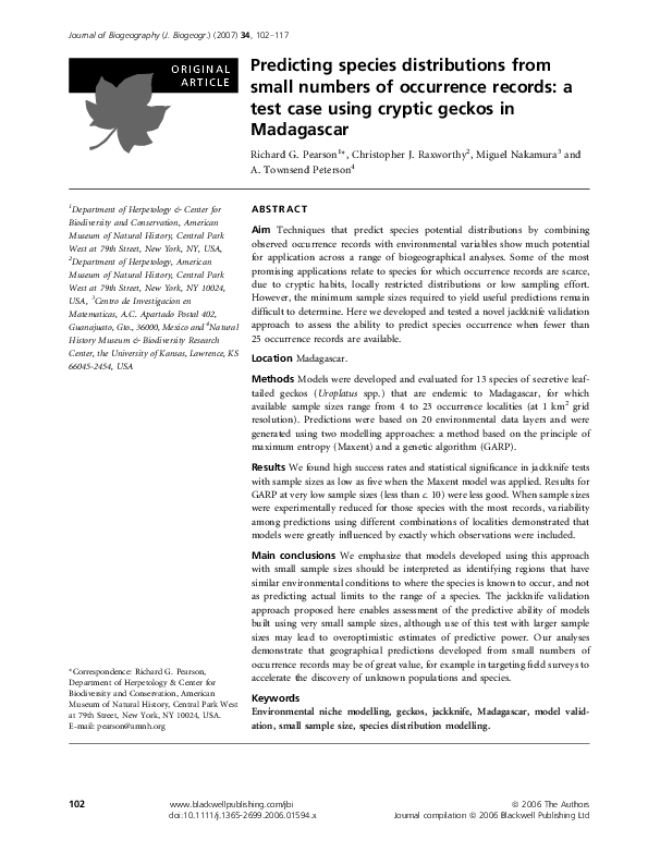 (PDF) ORIGINAL ARTICLE: Predicting species distributions from small numbers of occurrence ...